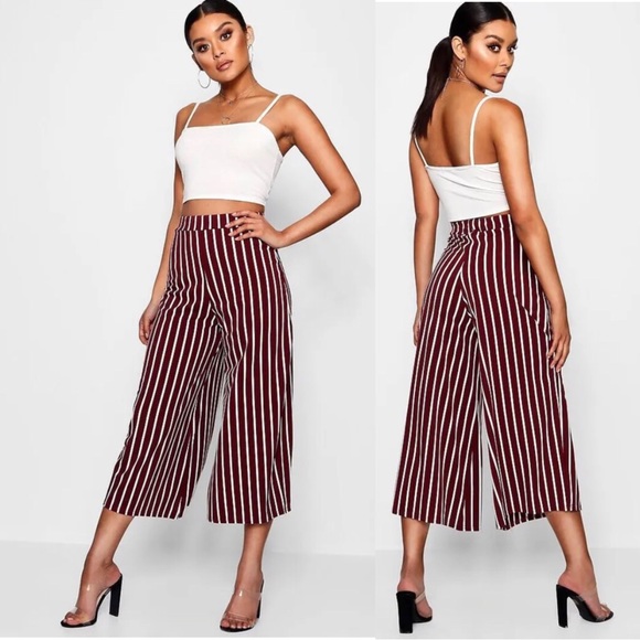 Boohoo | Pants & Jumpsuits | Boohoo Berry Burgundy White Striped Wide ...